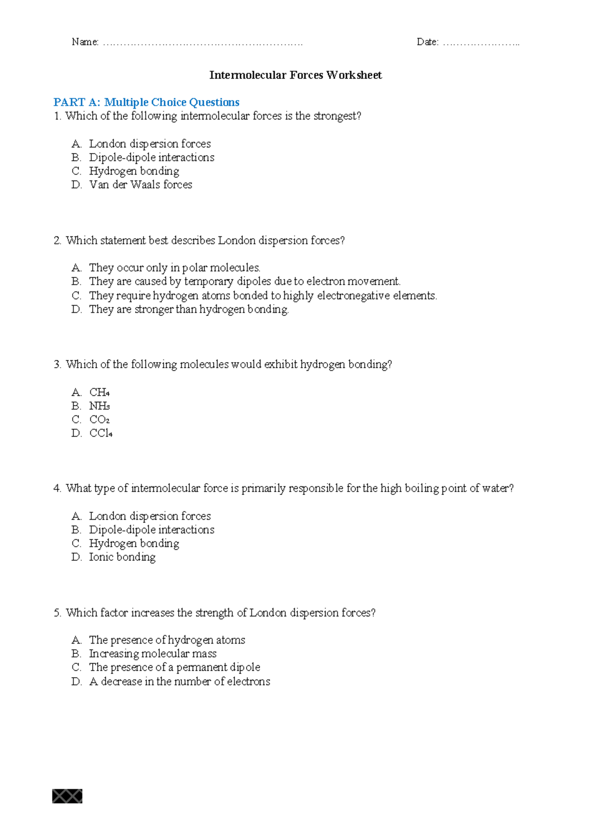 Intermolecular Forces Worksheet - MCQs and Short Answers - Studocu