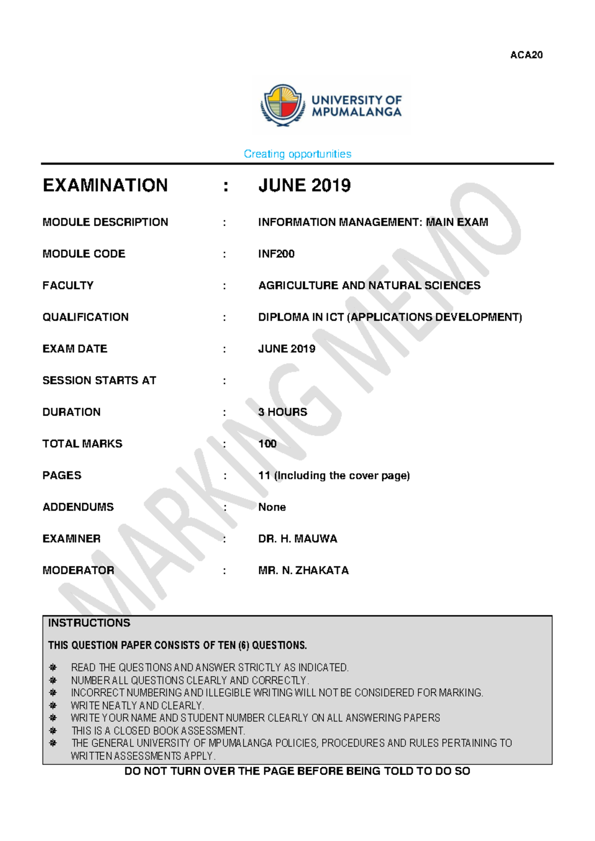 INF200 MAIN EXAMINATION MEMO: JUNE 2019 - INFORMATION MANAGEMENT - Studocu