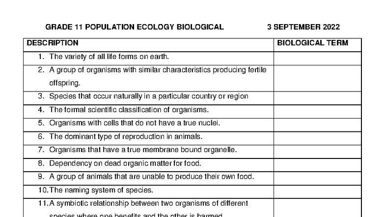 GRADE 11 POPULATION ECOLOGY TERMS - BIOLOGICAL TERM 1 - Studocu