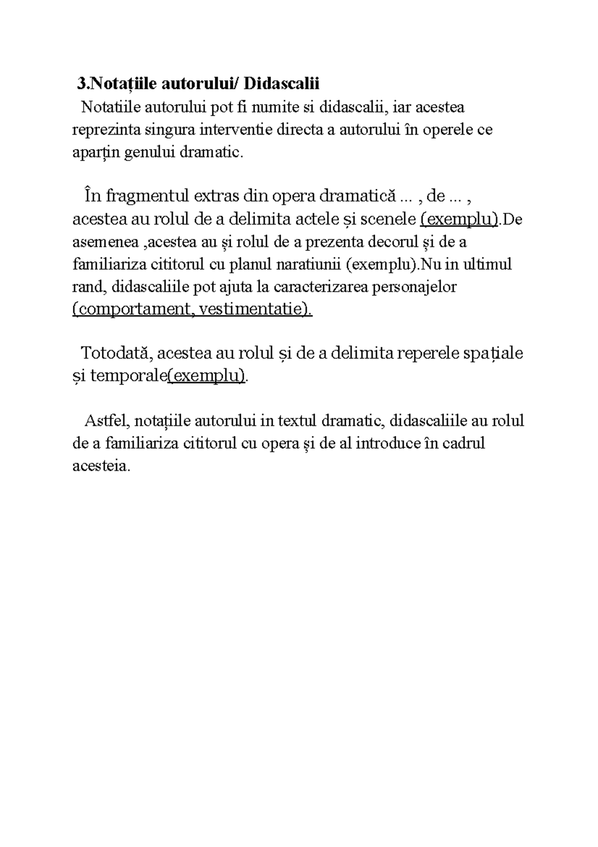 Notațiile Autorului în Operele Dramatică: Didascalii - Studocu