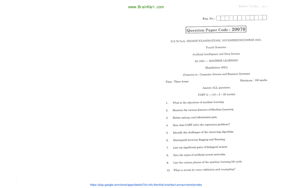 Machine Learning - AL3451 2021 Reg - Question Paper Nov-Dec 2023 - Studocu