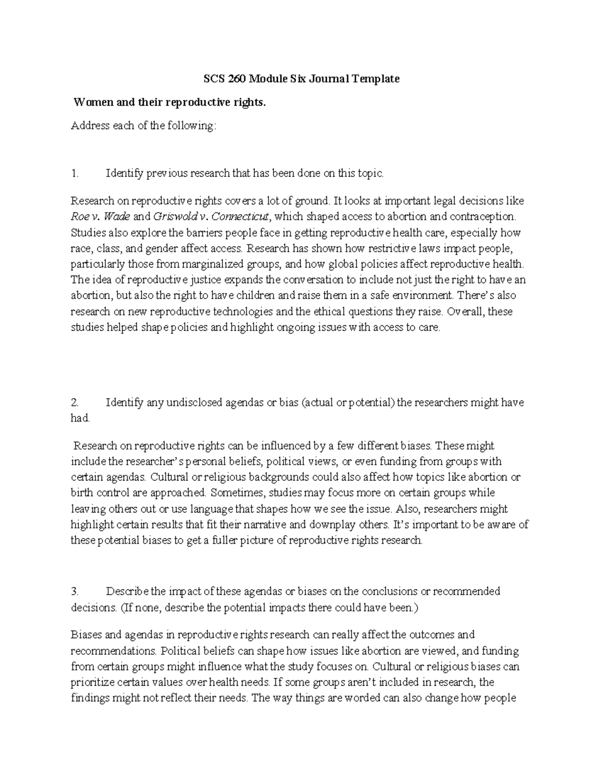 SCS 260 Module 6 Journal: Analyzing Bias in Reproductive Rights ...