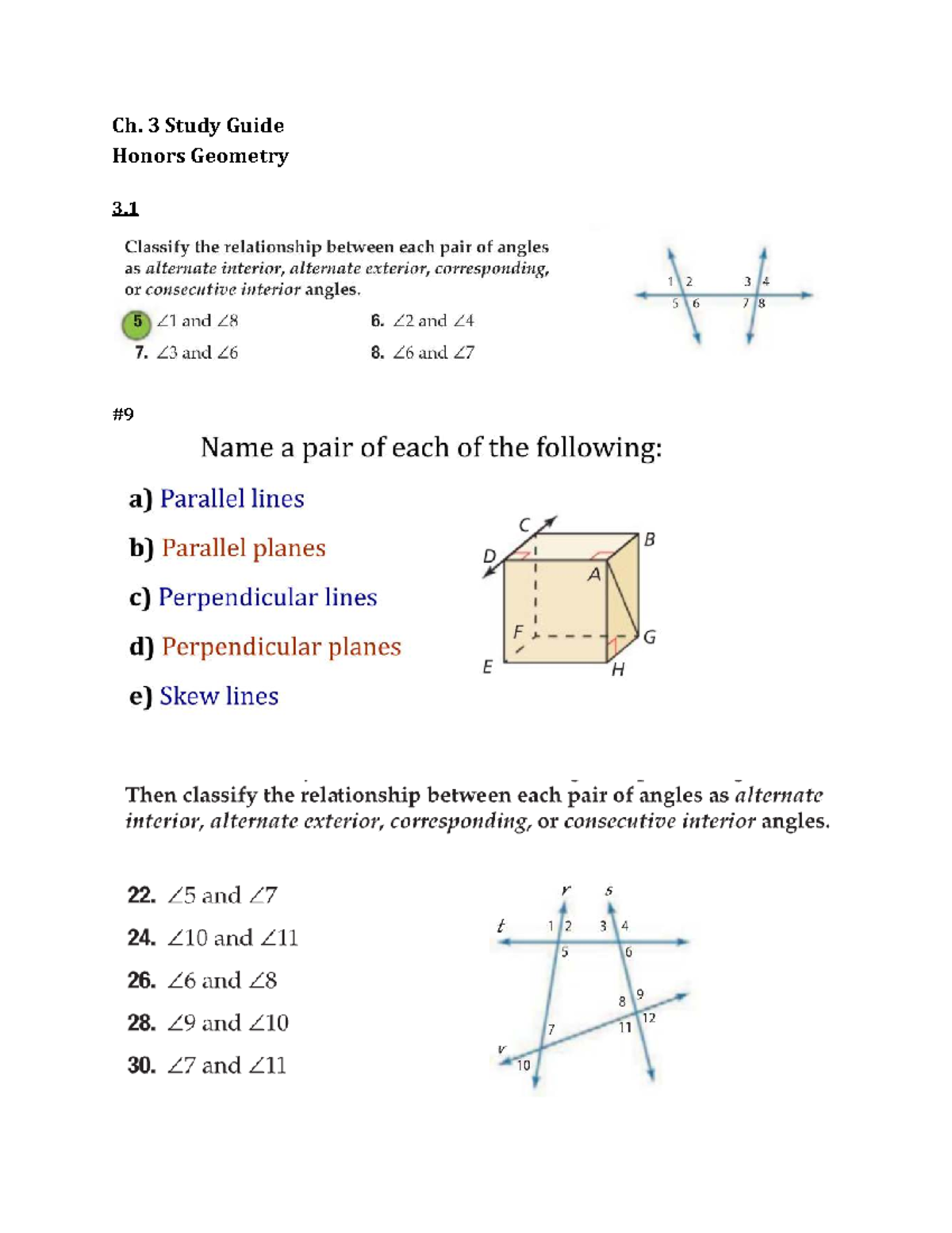 Honors Geometry Ch. 3 Study Guide: Parallel Lines & Angles - Studocu