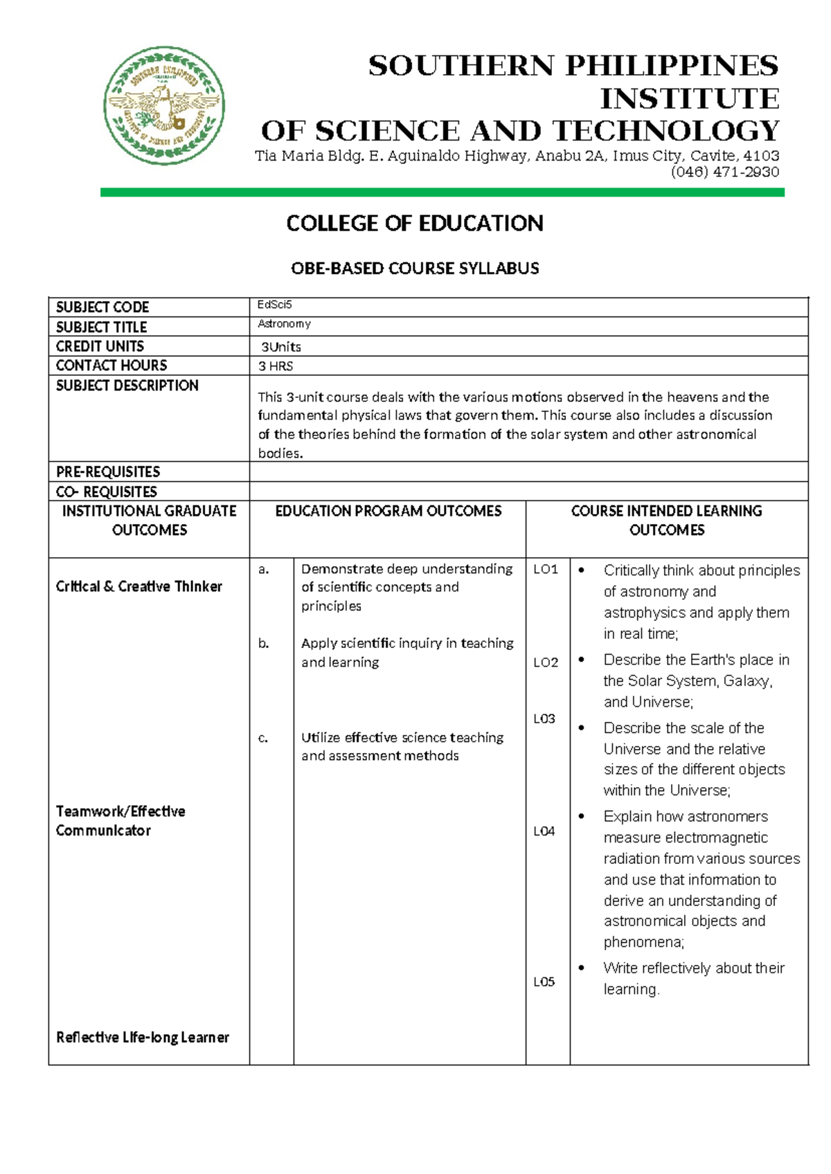 EdSci5 Astronomy Course Syllabus - 1st Semester 2023 - Studocu