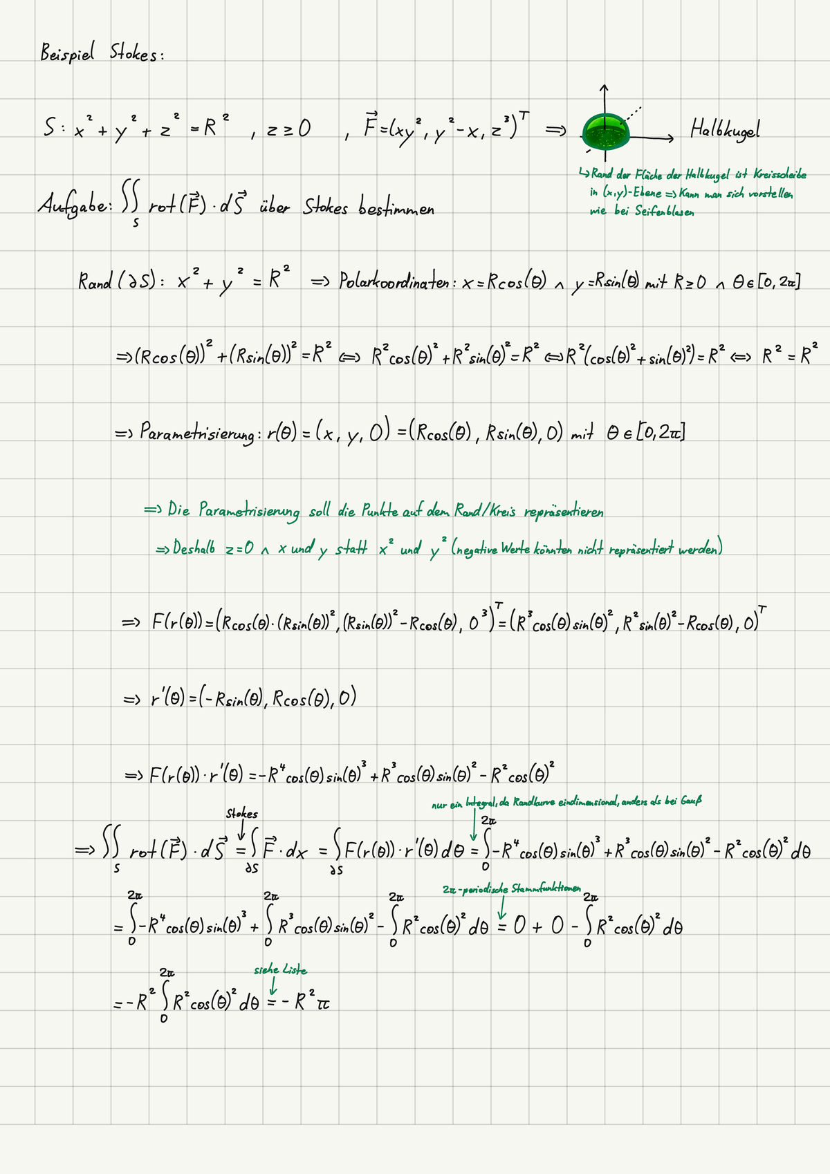 Stokes-Theorem Beispiel: Berechnung über Halbkugelfläche - Studocu