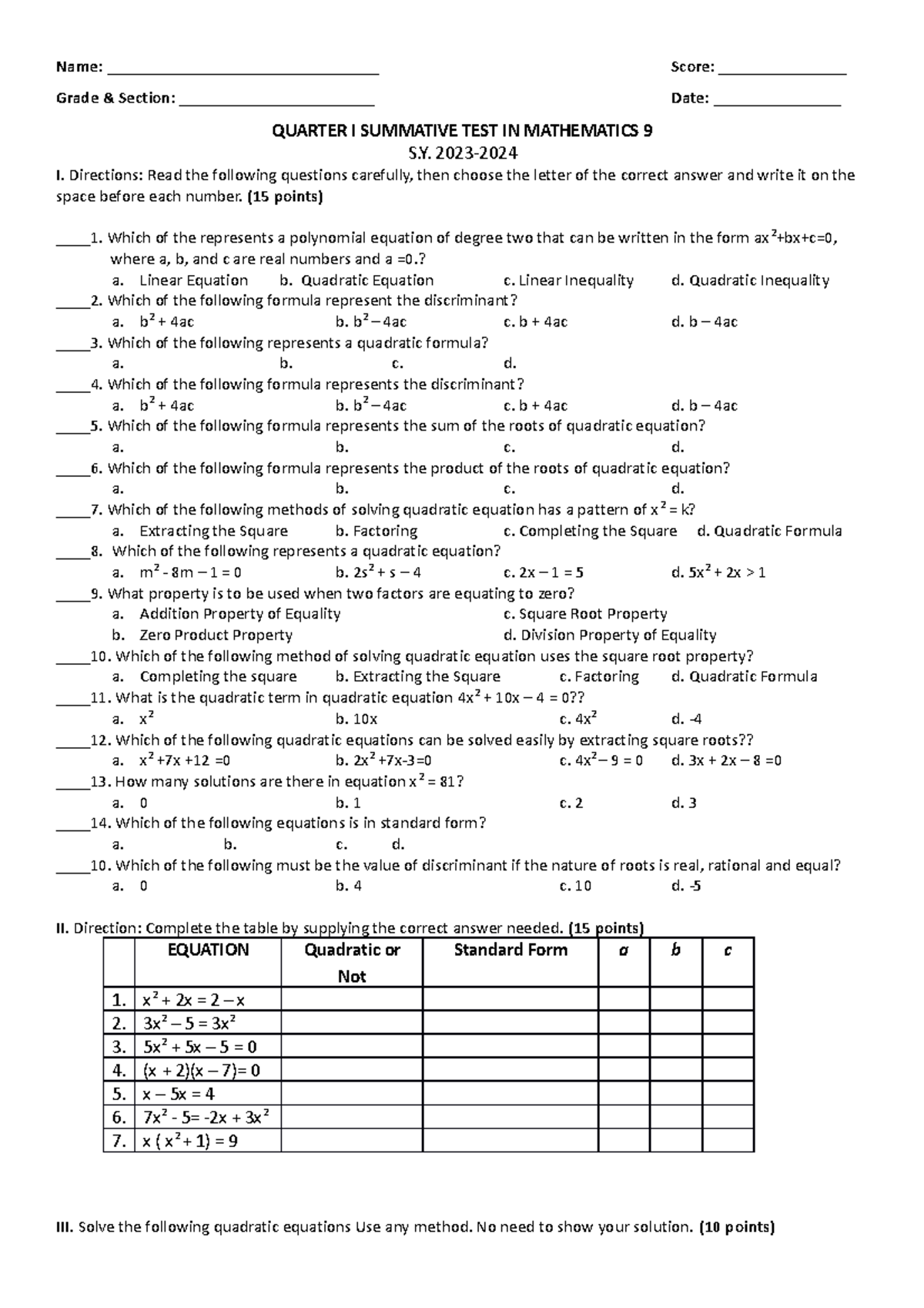 Quarter I Summative Test in Math 9 - SY 2023-2024 - Studocu