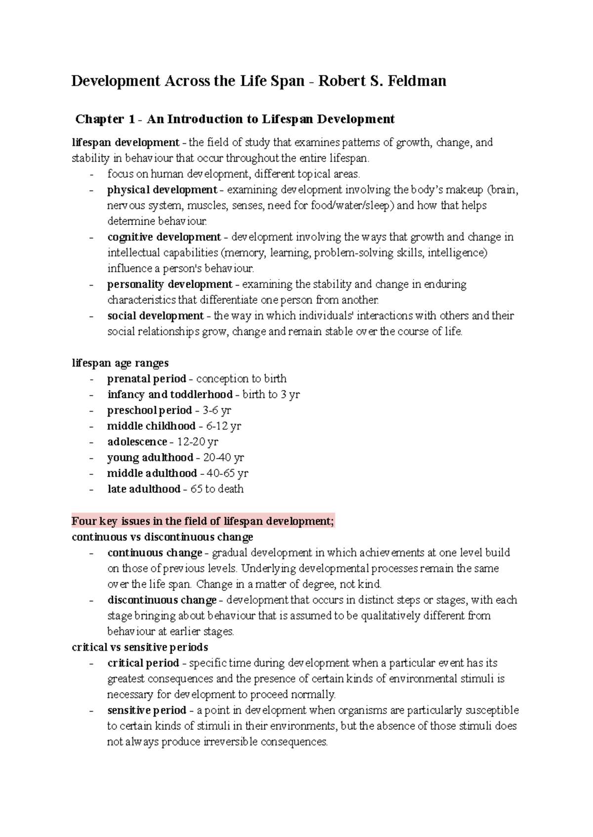 Lifespan Development Overview: Key Concepts from Chapter 1 - Feldman ...