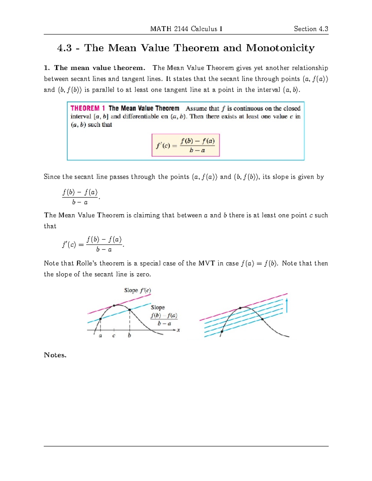 MATH 2144 Calculus I: Mean Value Theorem & Monotonicity Notes - Studocu
