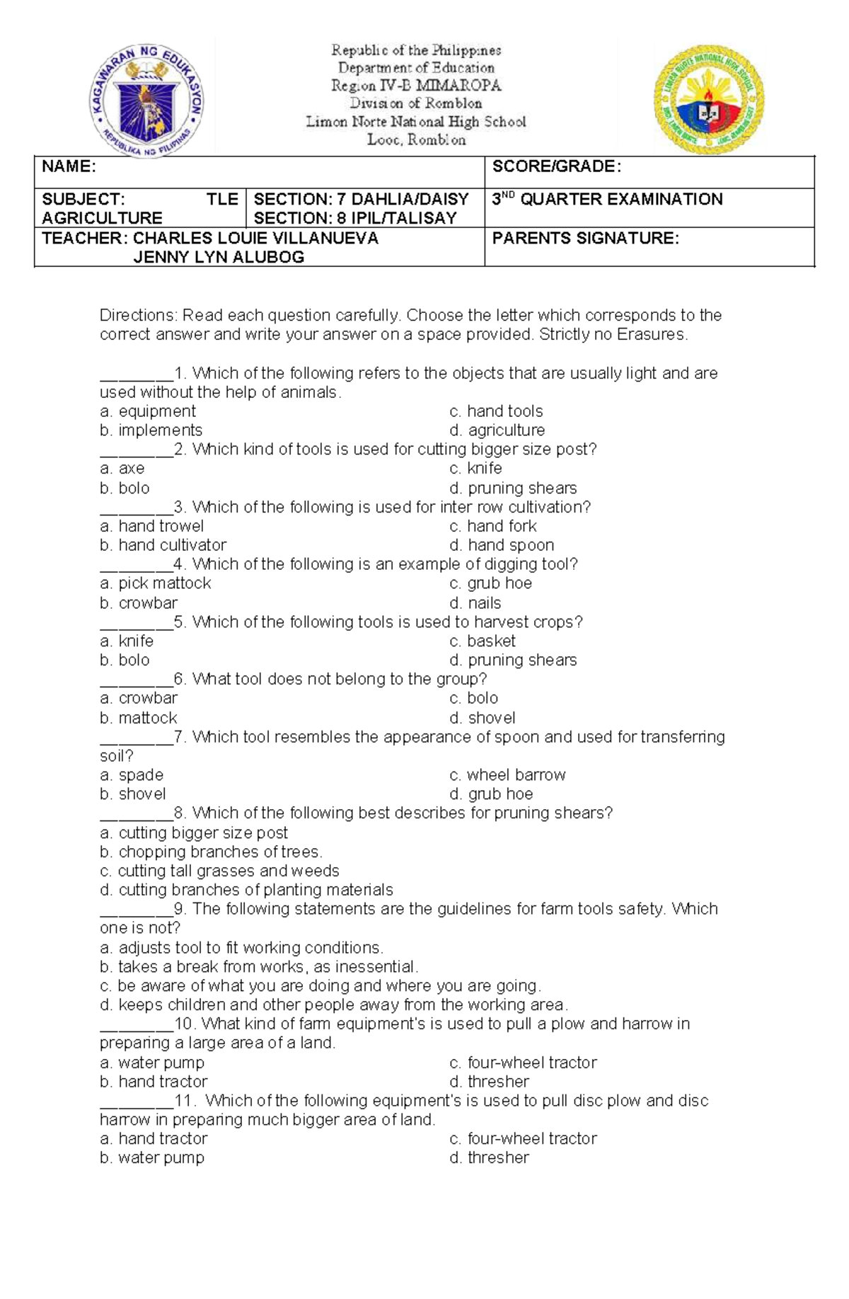 TLE 3RD Quarter Exam - Comprehensive Lecture Notes on Agriculture - Studocu