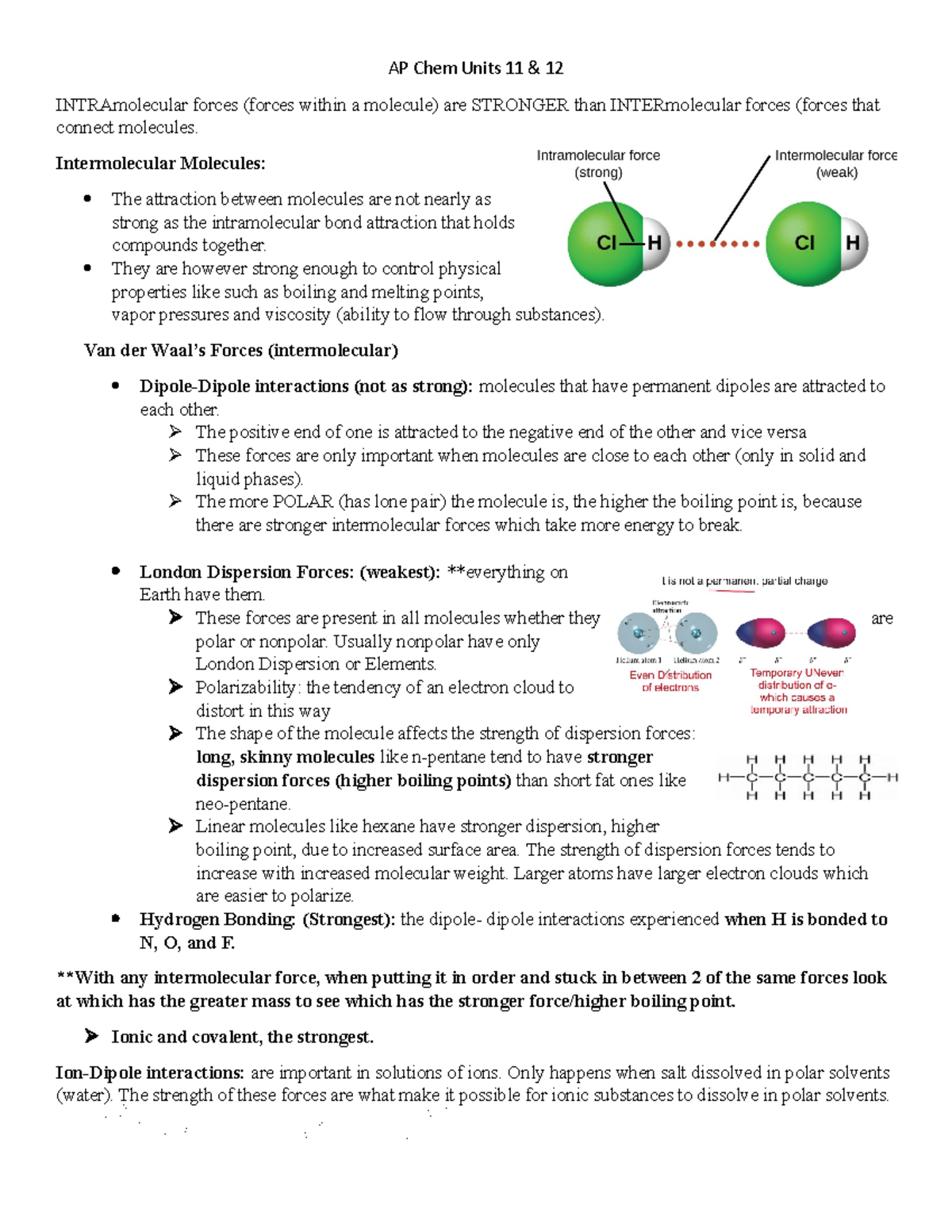 AP Chem Units 11 & 12: Intermolecular Forces and Their Impacts - Studocu
