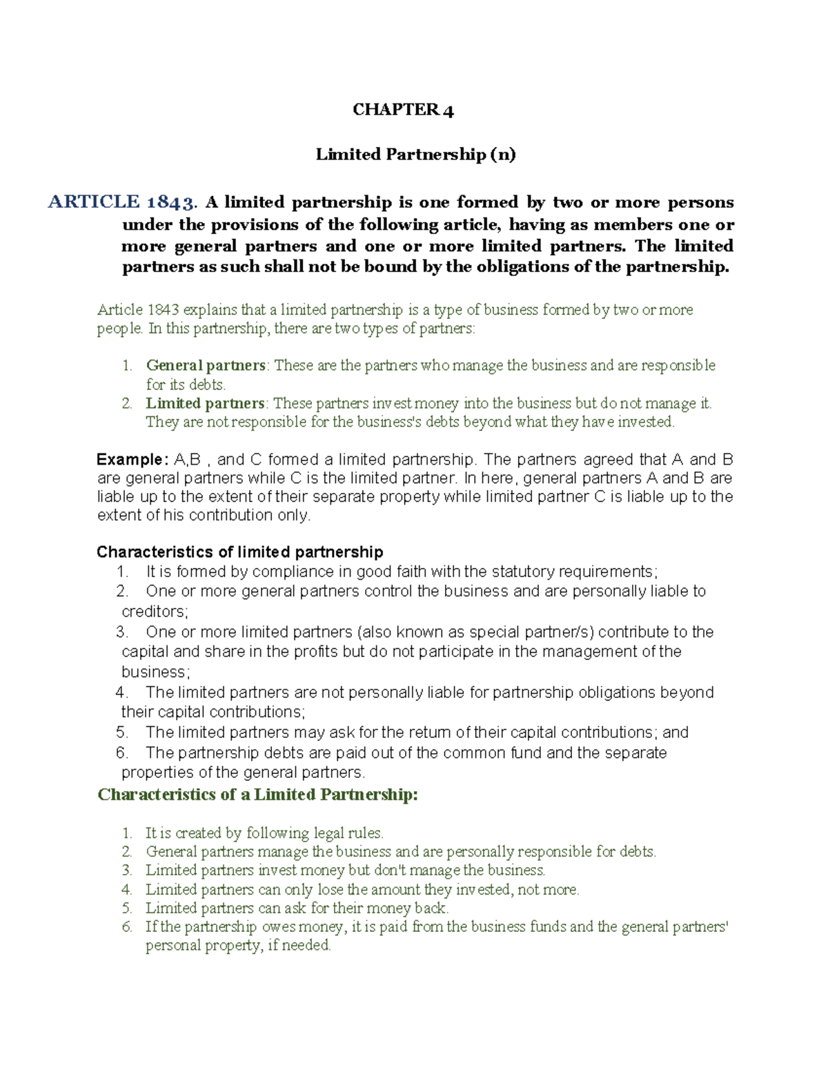 Chapter 4 - This document is for ABM students. - CHAPTER 4 Limited Partnership (n) ARTICLE 1843 ...