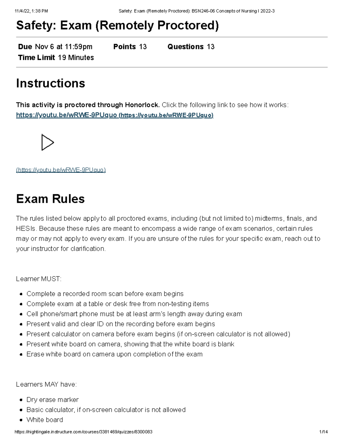 Safety Exam (Remotely Proctored) BSN246-06 Nursing Concepts Overview ...