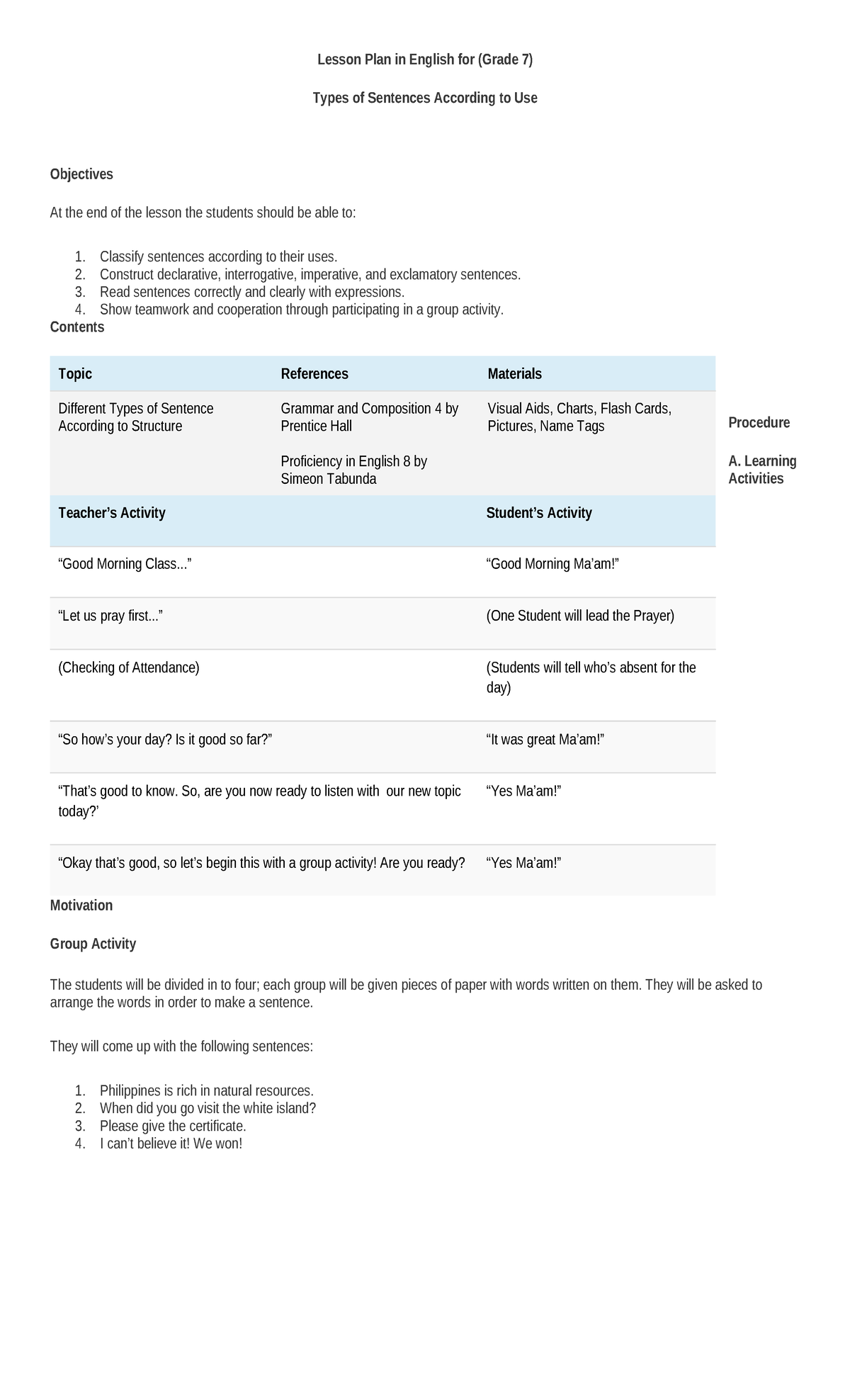 Lesson Plan: Types of Sentences in English (Grade 7) - Studocu
