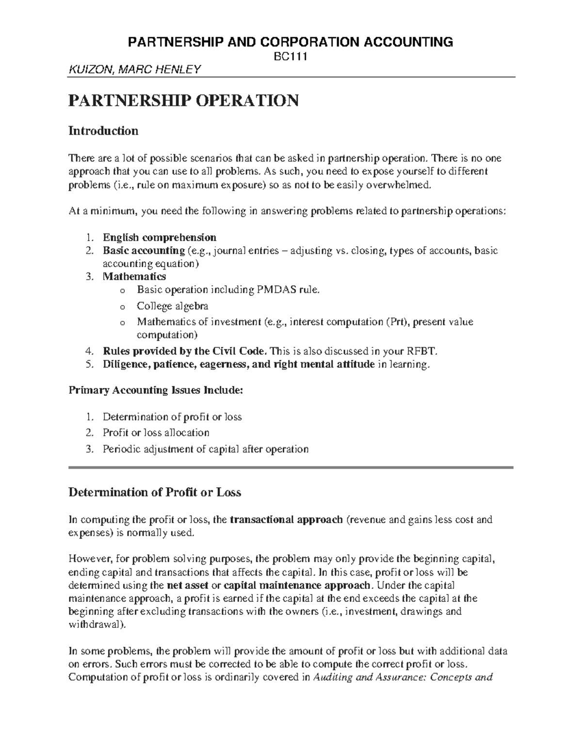 Partnership and Corporation Accounting: Operation Insights KUIZON - Studocu