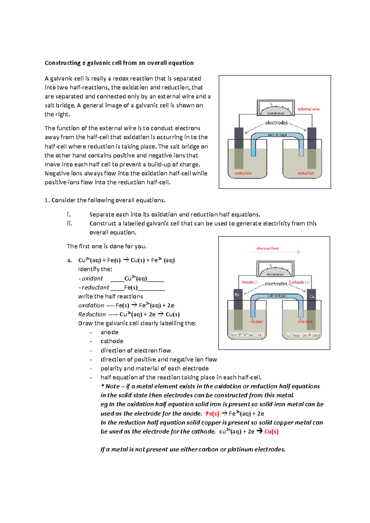 Worksheet 4: Drawing Galvanic Cells and Redox Reactions - Studocu