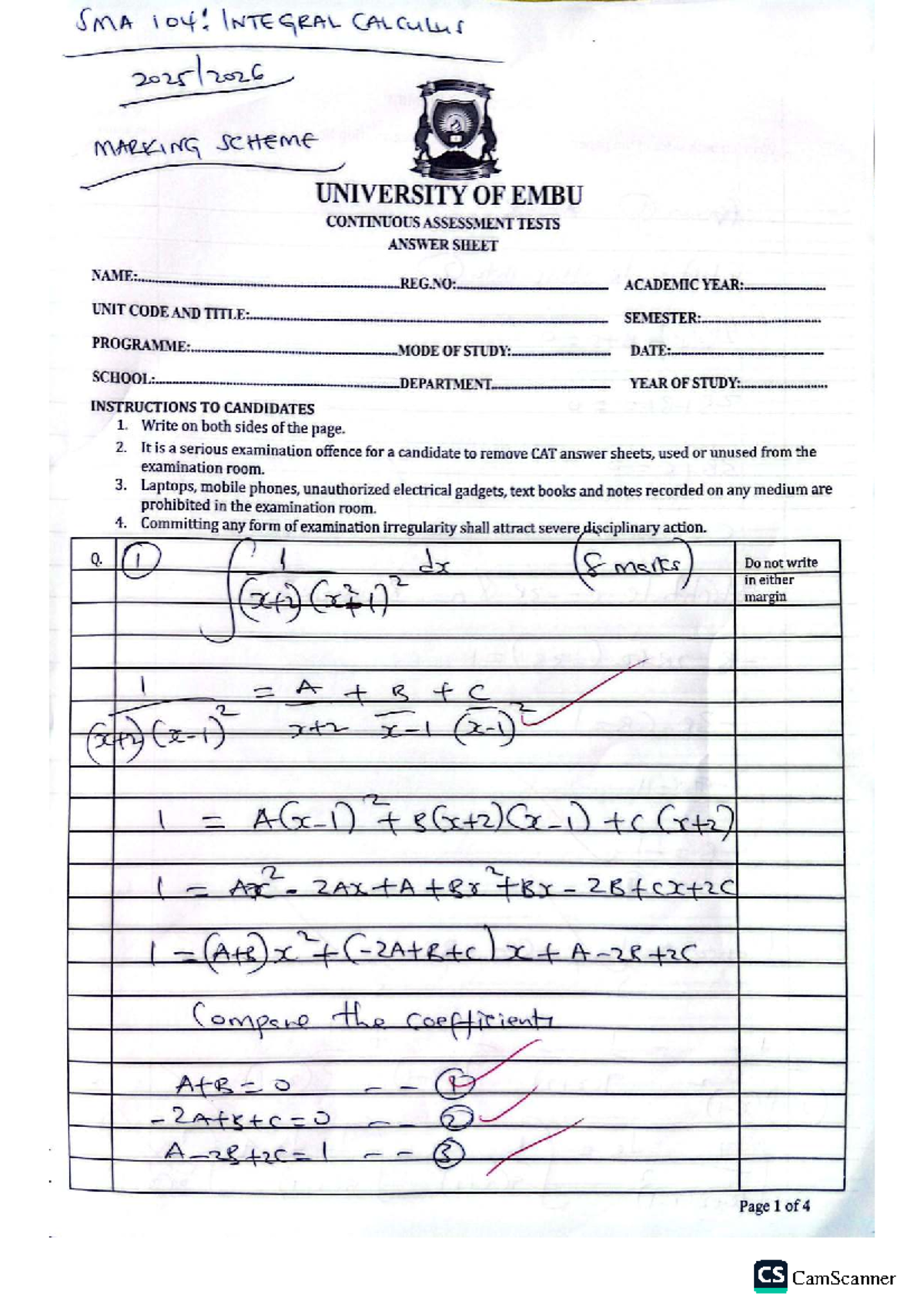 Continuous Assessment Test Answer Sheet - UNIT CODE: [Insert Code ...