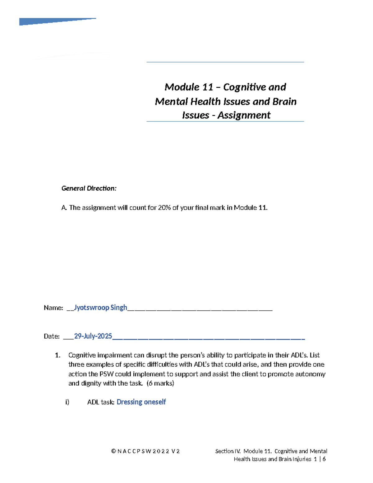 Module 11 Assignment: Cognitive & Mental Health Issues in PSW Care ...