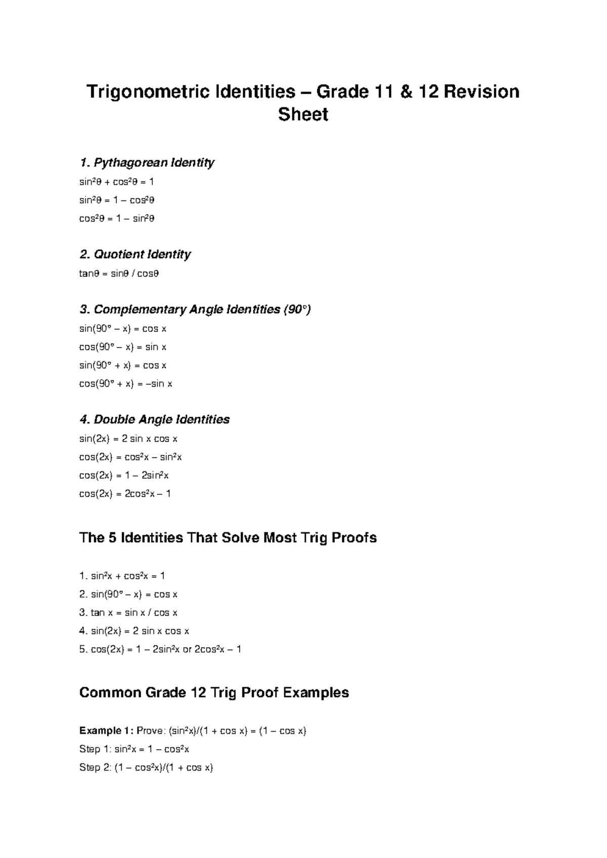 Trigonometric Identities & Proofs – Grade 11 & 12 Revision - Studocu