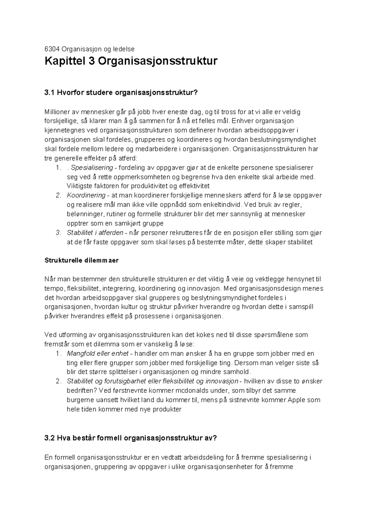 Kapittel 3, organisasjon og ledelse - 6304 Organisasjon og ledelse Kapittel 3 ...