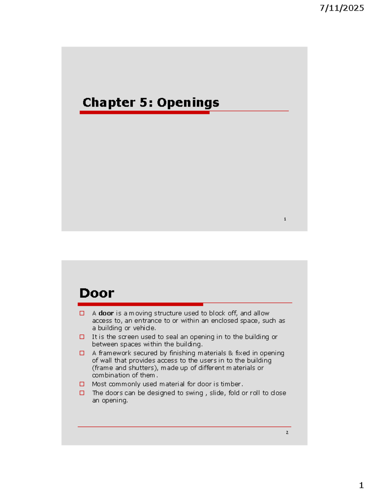 Chapter 5: Openings - Types and Functions of Doors and Windows - Studocu