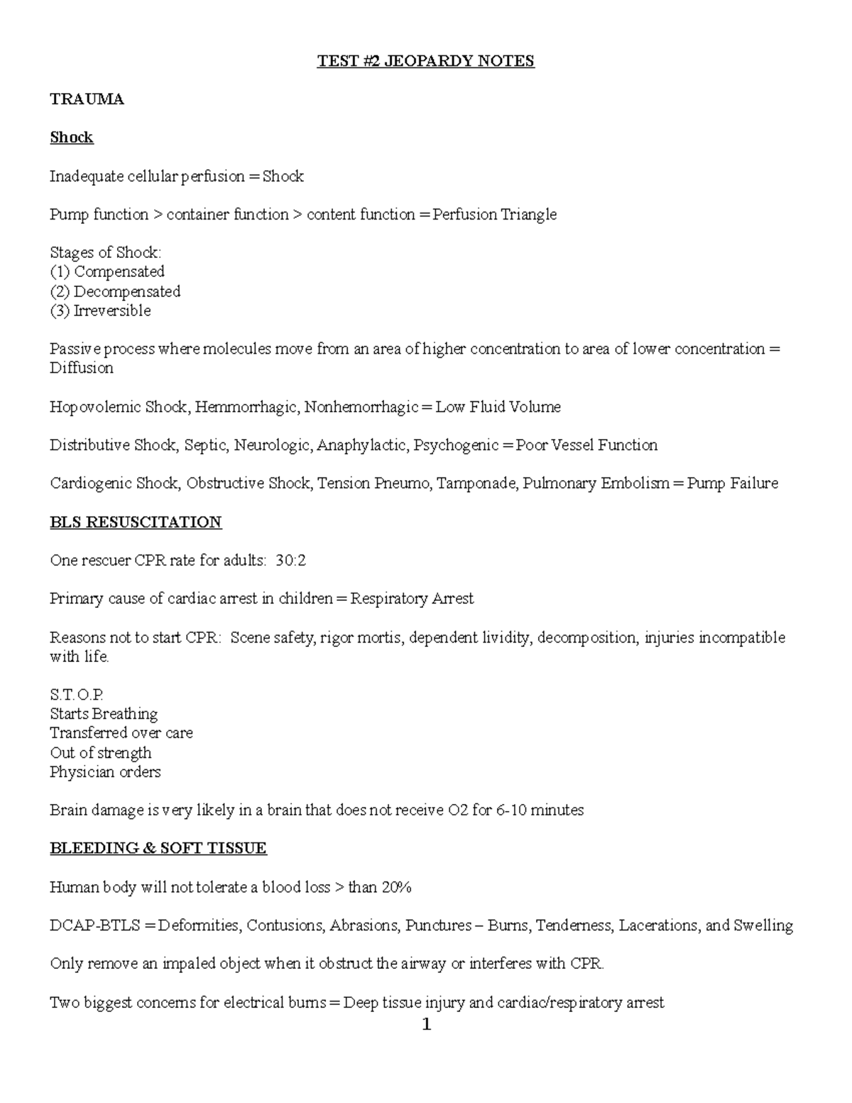 TEST 2 JEOPARDY REVIEW: TRAUMA & RESUSCITATION NOTES - Studocu