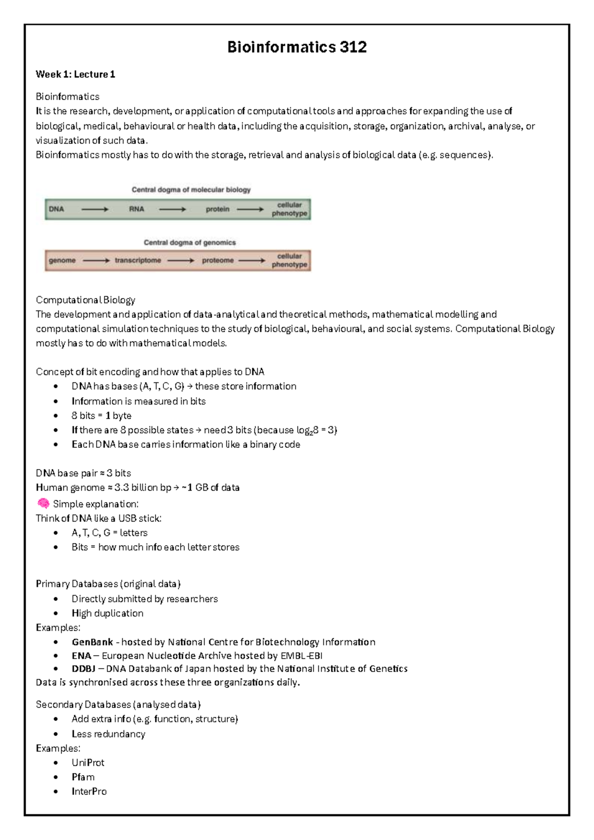 Bioinformatics 312 Week 1: Lecture 1 Overview and Key Concepts - Studocu