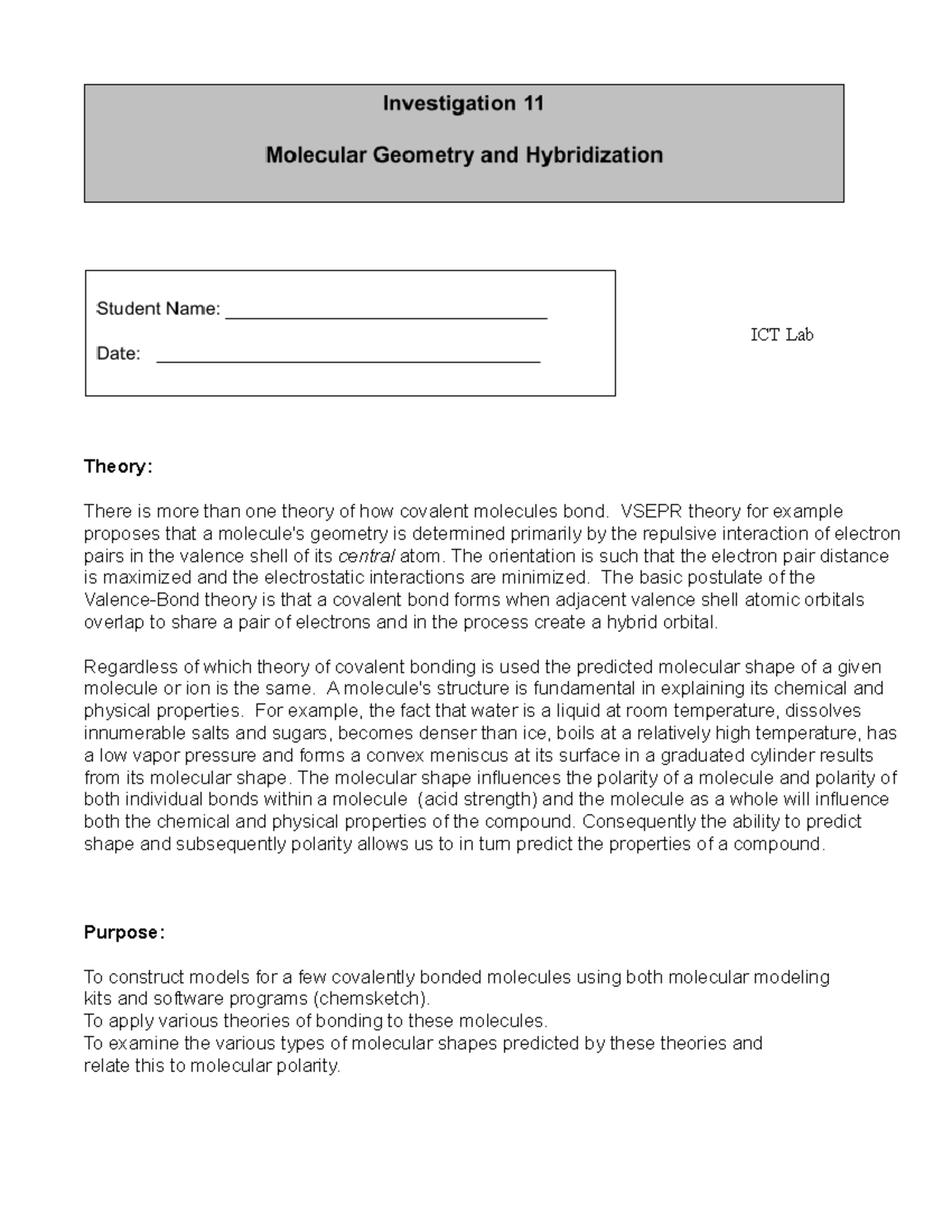 I11: Molecular Geometry and Hybridization in Covalent Bonding - Studocu