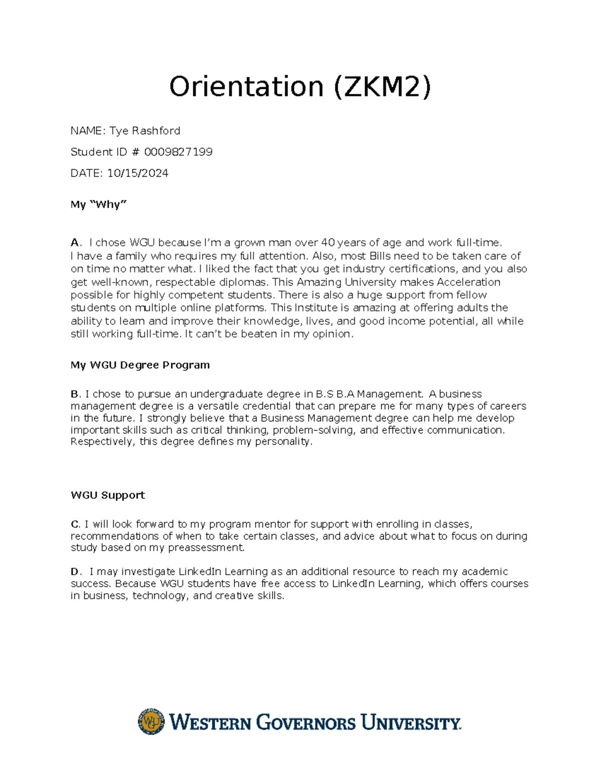 WGU Orientation Guide (ZKM2): My Journey to B B Management - Studocu