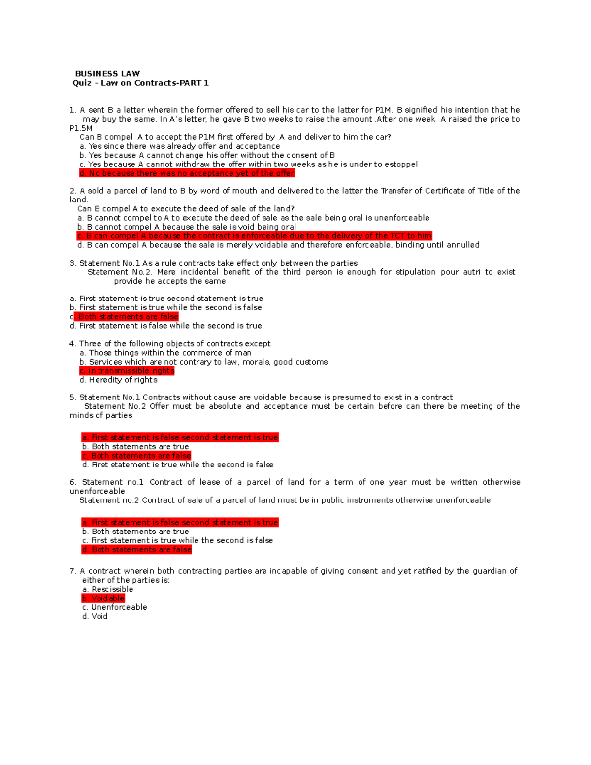 2 contracts - BUSINESS LAW Quiz – Law on Contracts-PART 1 A sent B a ...