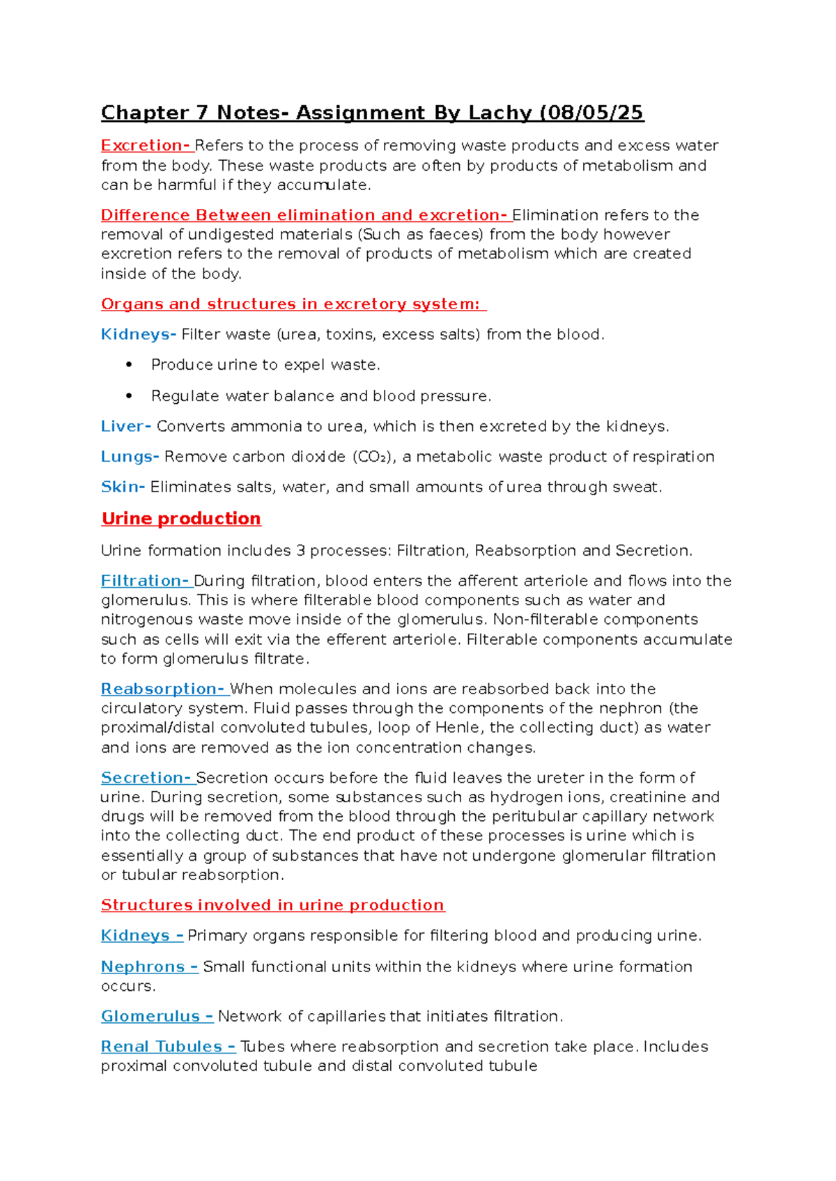 Chapter 7 Assignment: Understanding the Excretory System - Studocu