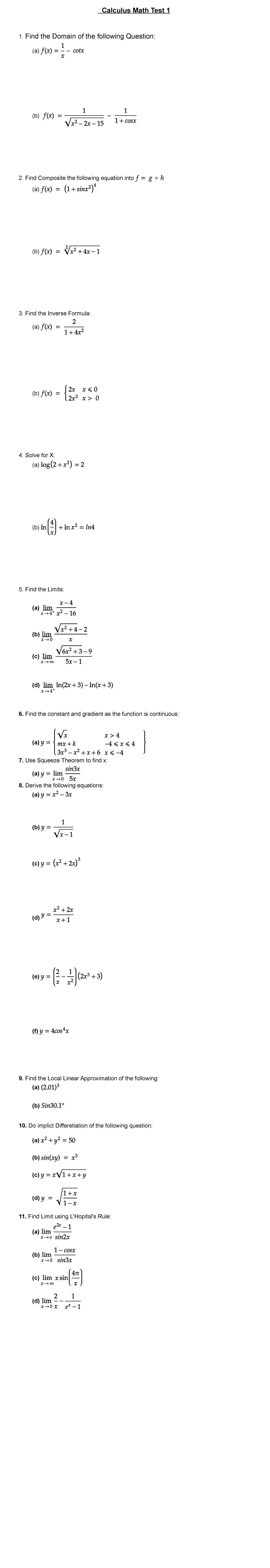 CAL 1 - Calculus Test 1: Domain, Limits, and Derivatives - Studocu