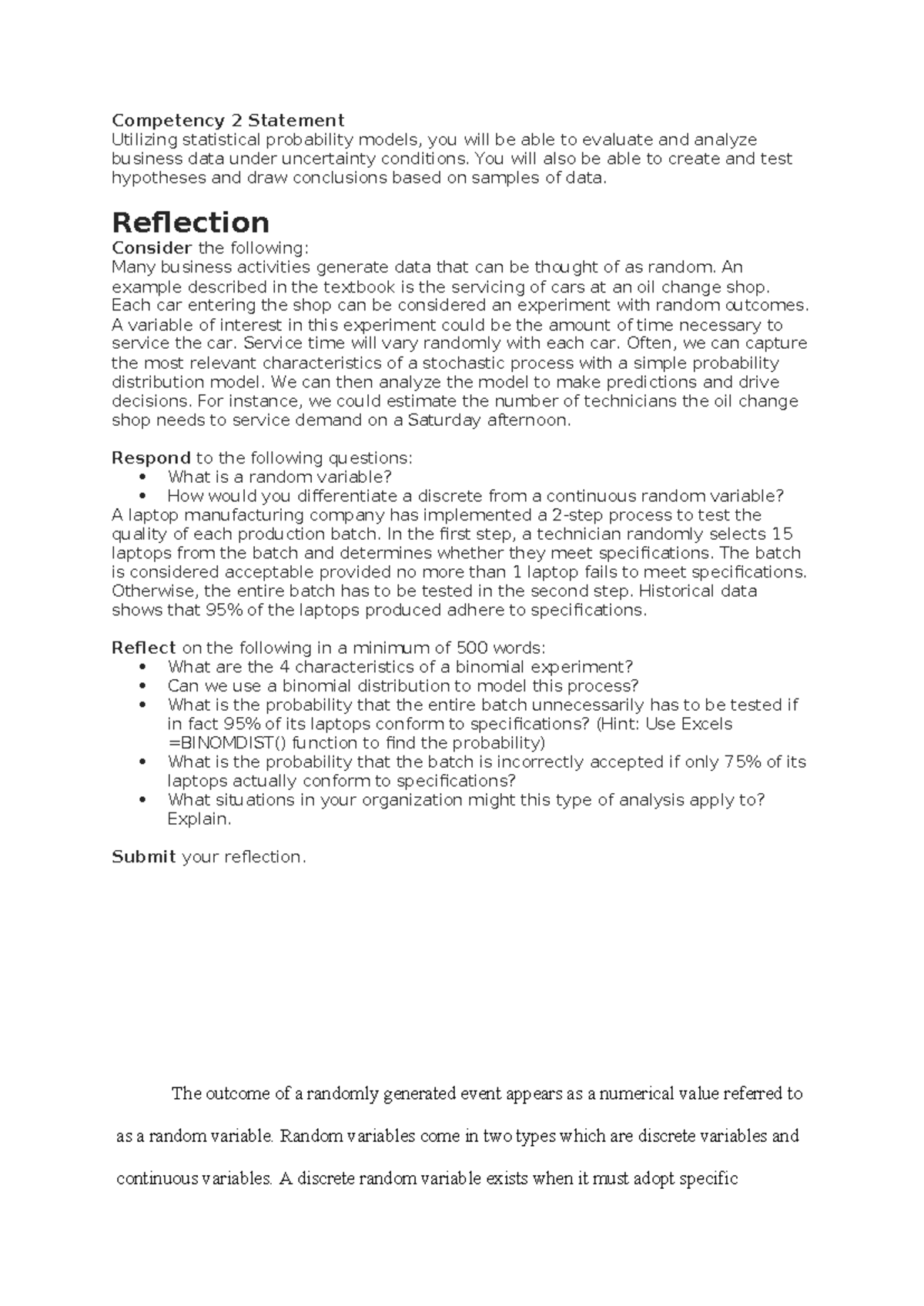 DATCB 565 Competency 2 Reflection on Probability Models in Business - Studocu