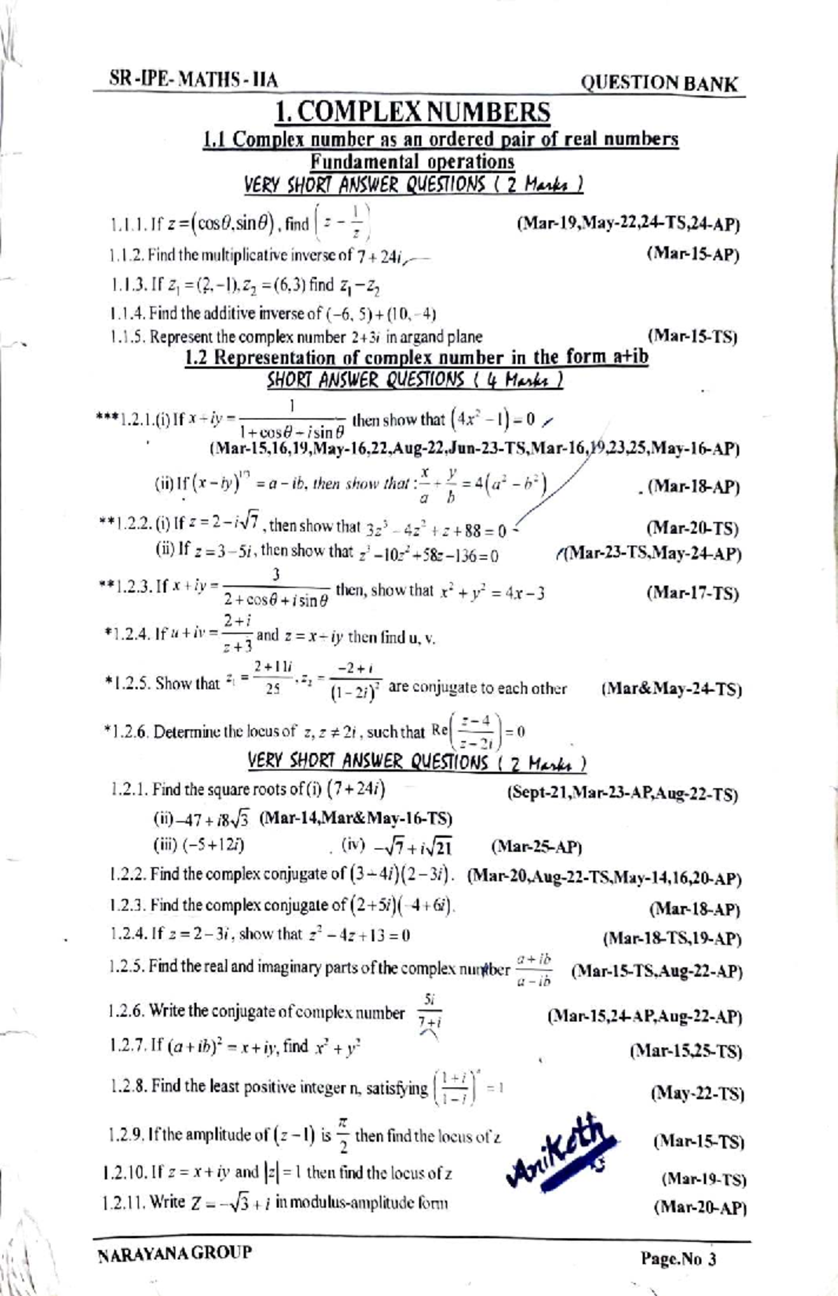 QUESTION BANK 1: COMPLEX NUMBERS & QUADRATIC EQUATIONS - Studocu