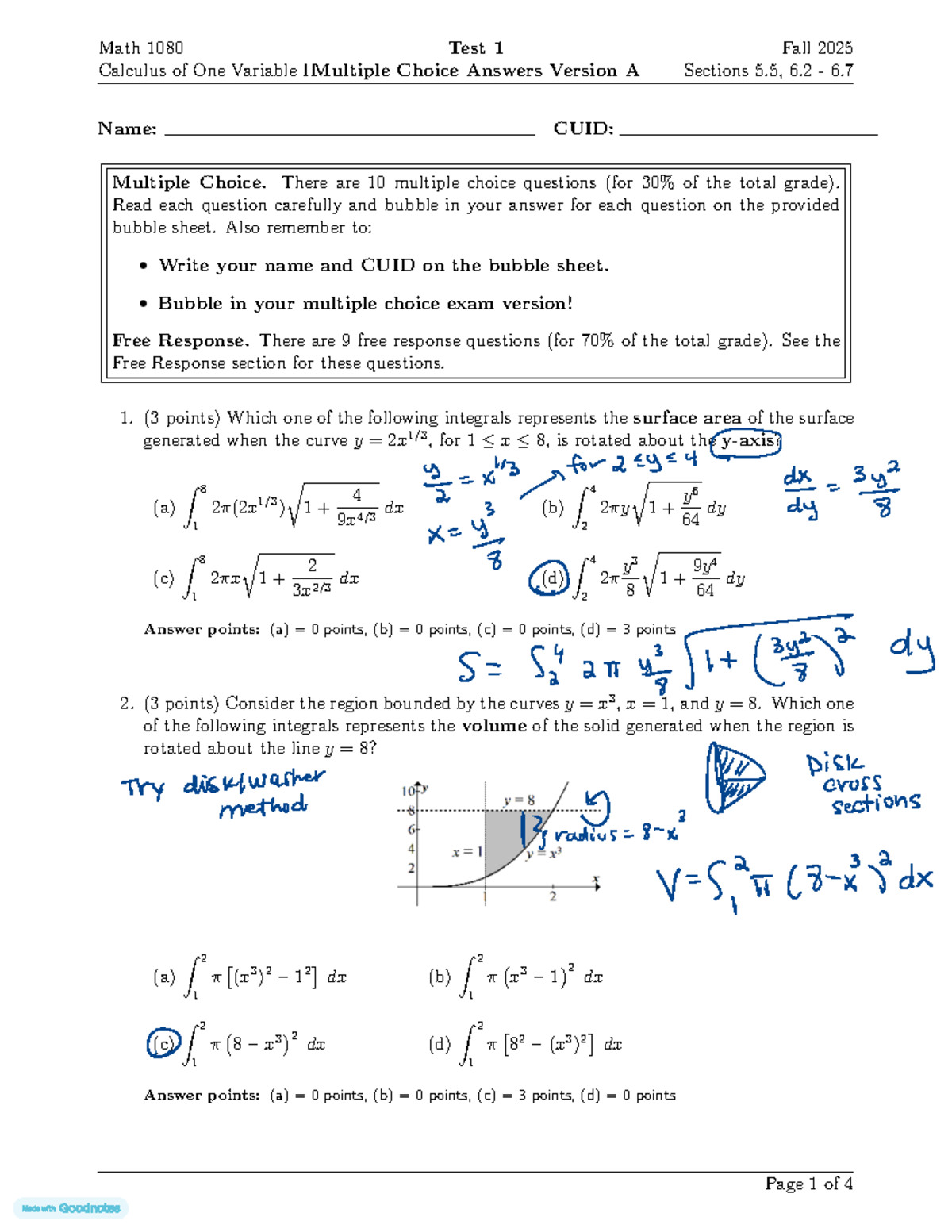 Math 1080 Test 1 Calculus of One Variable II Multiple Choice Answers A ...