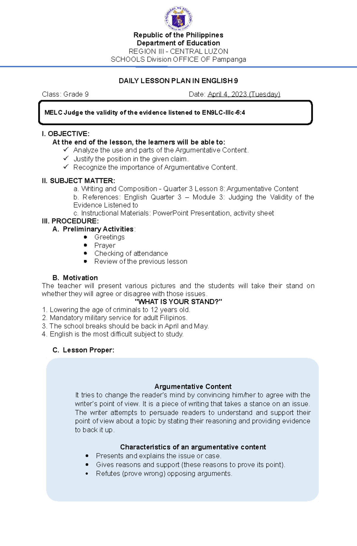 Lesson Plan in English 9: Evaluating Argumentative Content EN9LC-IIIc-6 ...