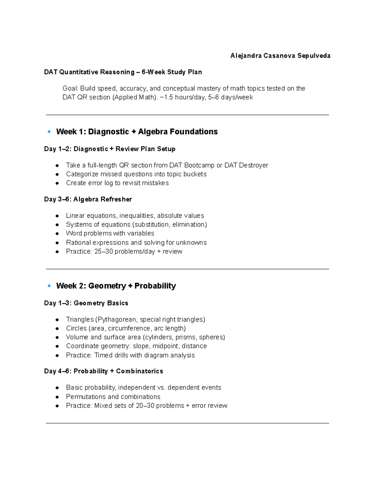 DAT (Quantitative Reasoning) 6-Week Study Plan for Mastery - Studocu