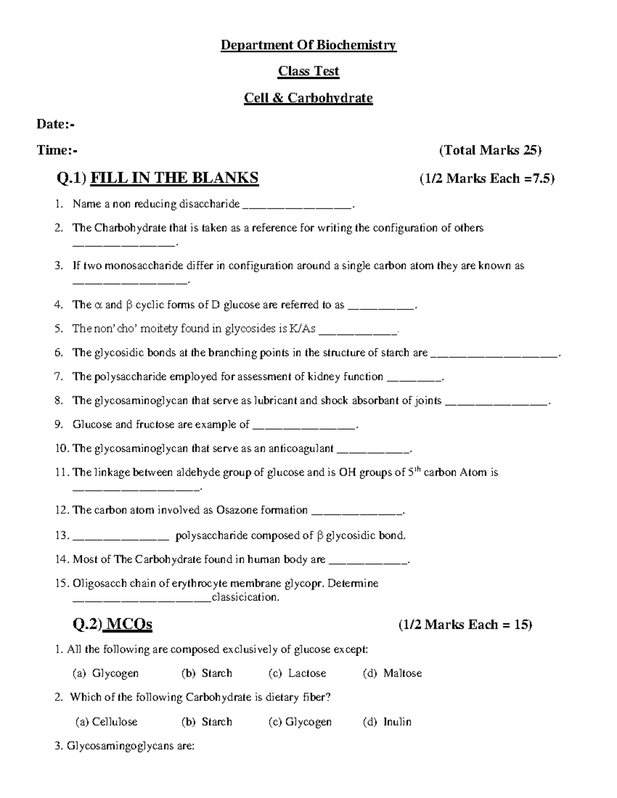 Biochemistry 101: Cell & Carbohydrate Class Test MCQs and Fill-in-the ...
