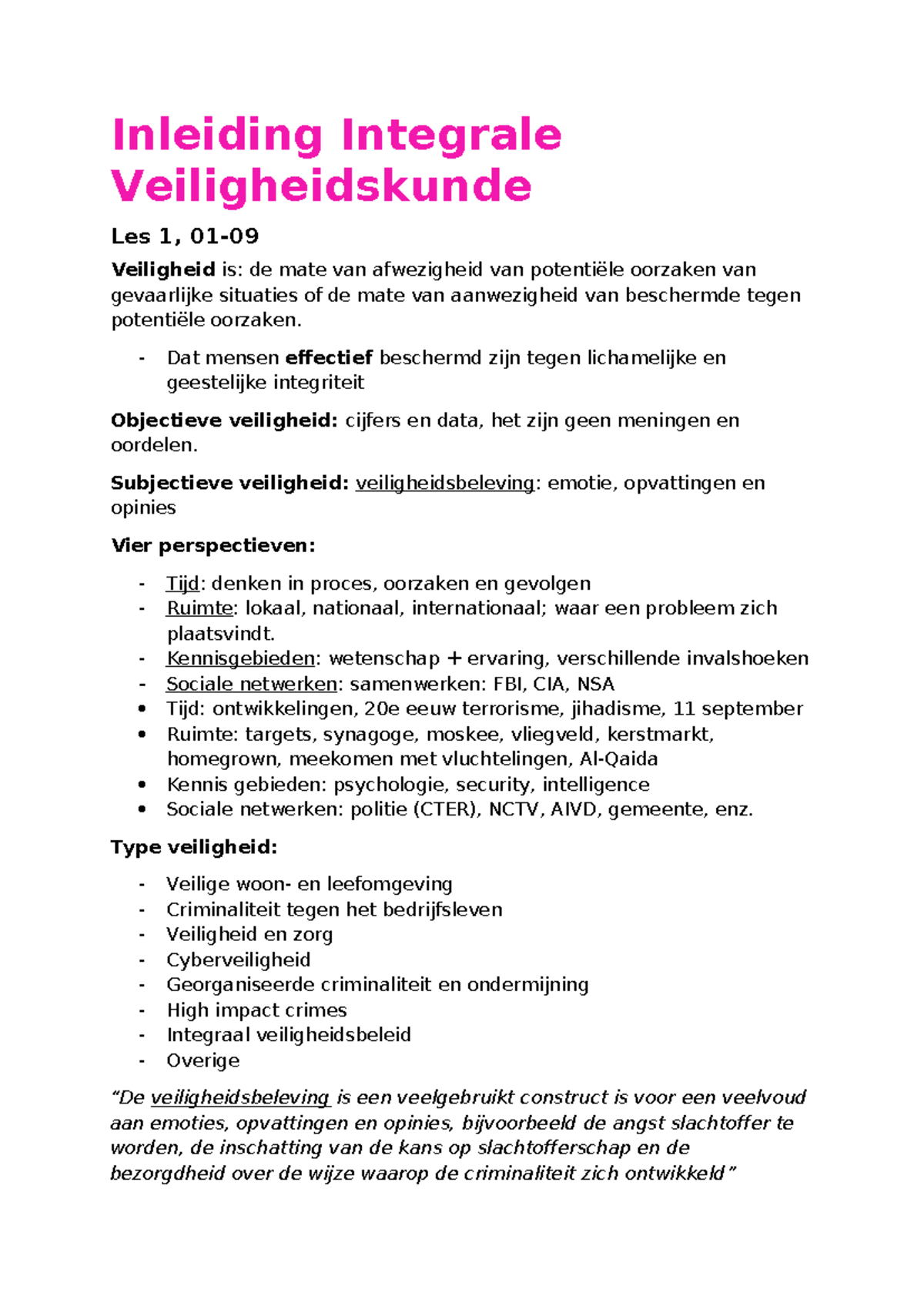 Integrale Veiligheidskunde Les 1: Basisbegrippen en Perspectieven ...