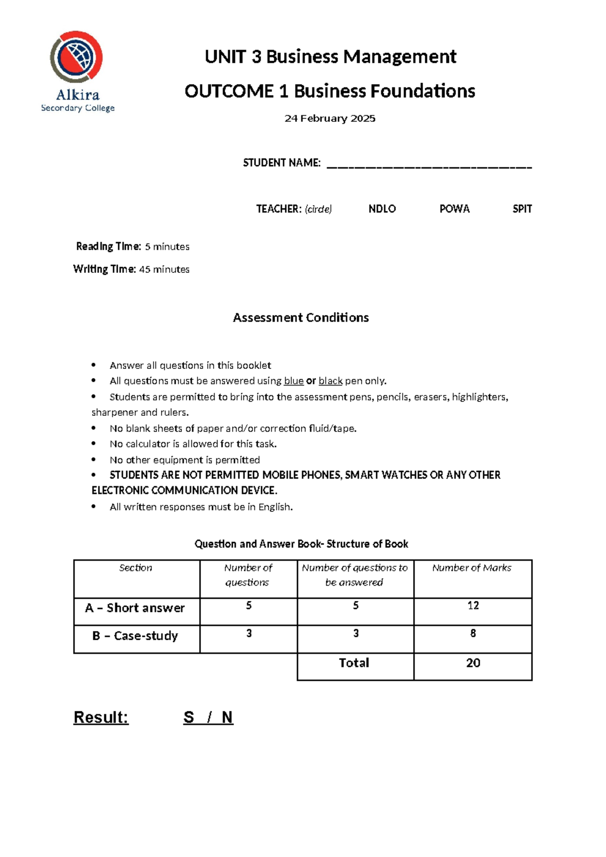 2025 Checklist for Unit 3 AOS 1 - UNIT 3 Business Management OUTCOME 1 ...