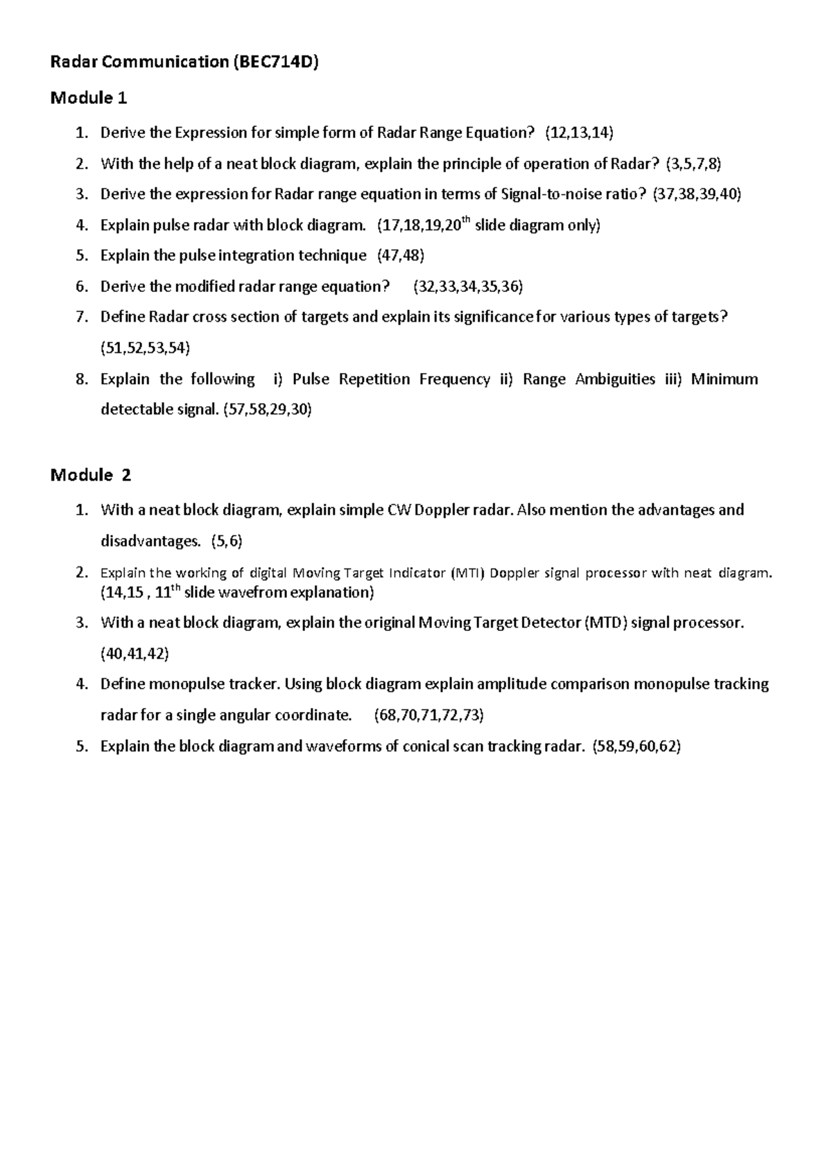 Radar Communication (BEC714D) Module 1 & 2 Overview and Key Concepts ...