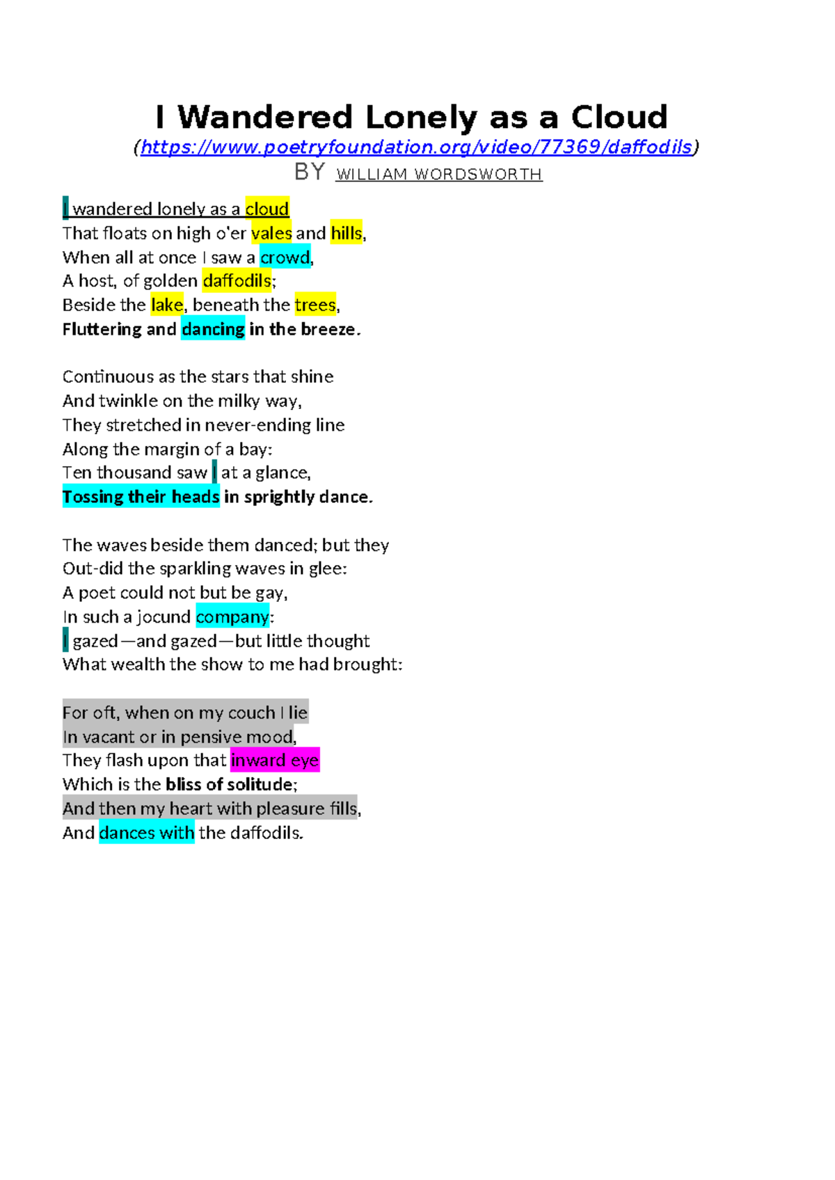 Wordsworth's "I Wandered Lonely as a Cloud": Poetic Analysis - Studocu
