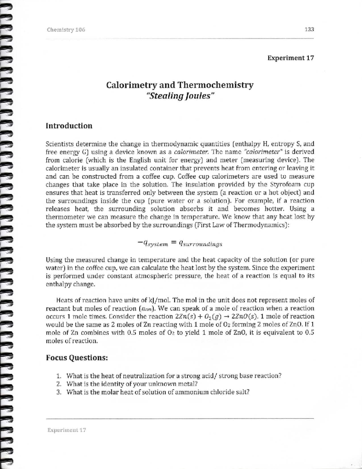 Chemistry 106 Experiment 17: Calorimetry & Thermochemistry Lab Manual ...