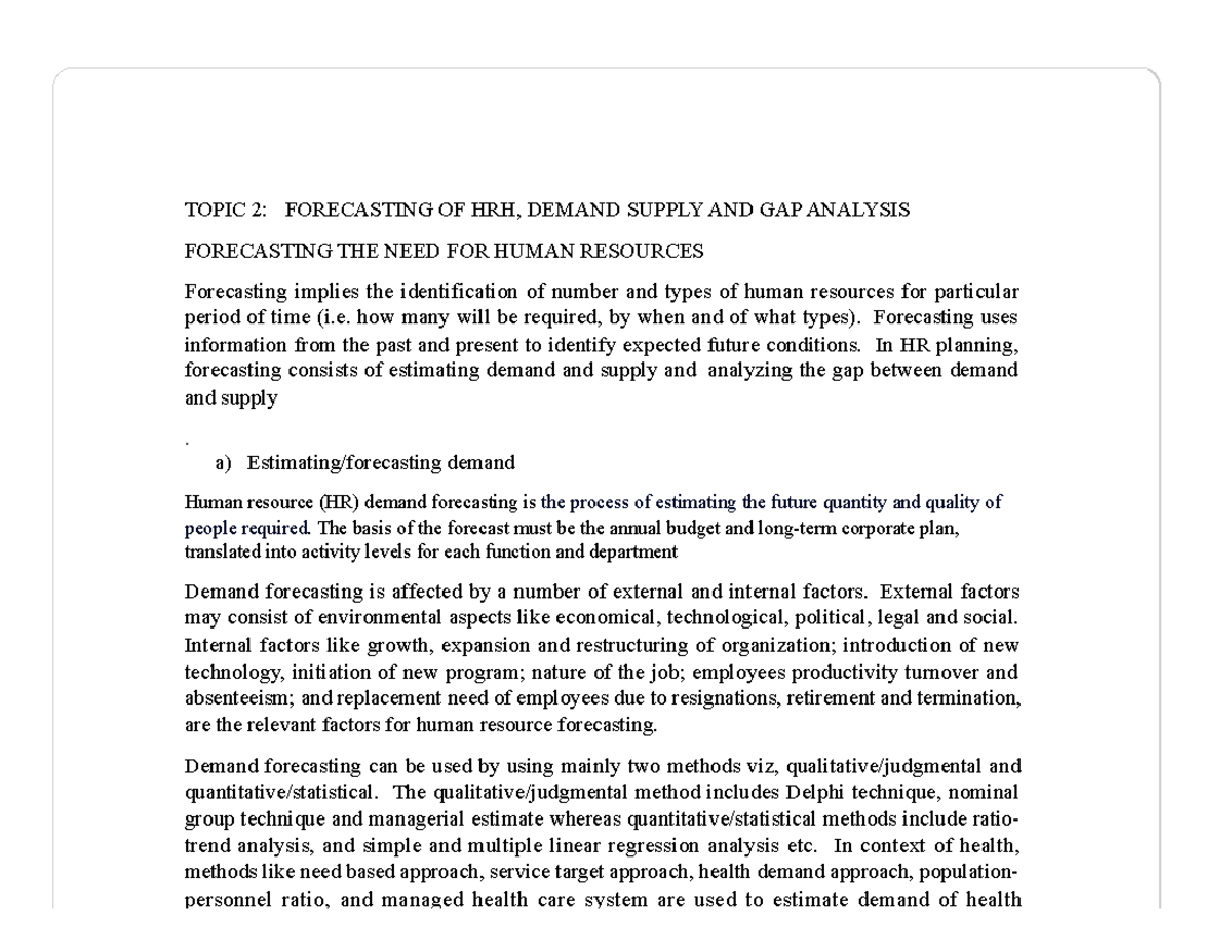 Forecasting HR Demand & Supply: Techniques & Analysis (HRM 202) - Studocu