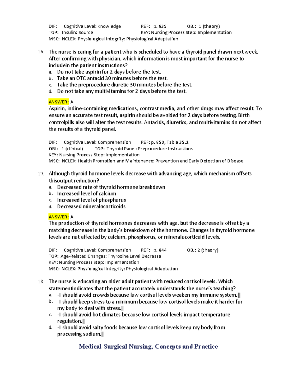 Test Bank for Medical Surgical Nursing 5th Ed: NCLEX Prep & Thyroid ...
