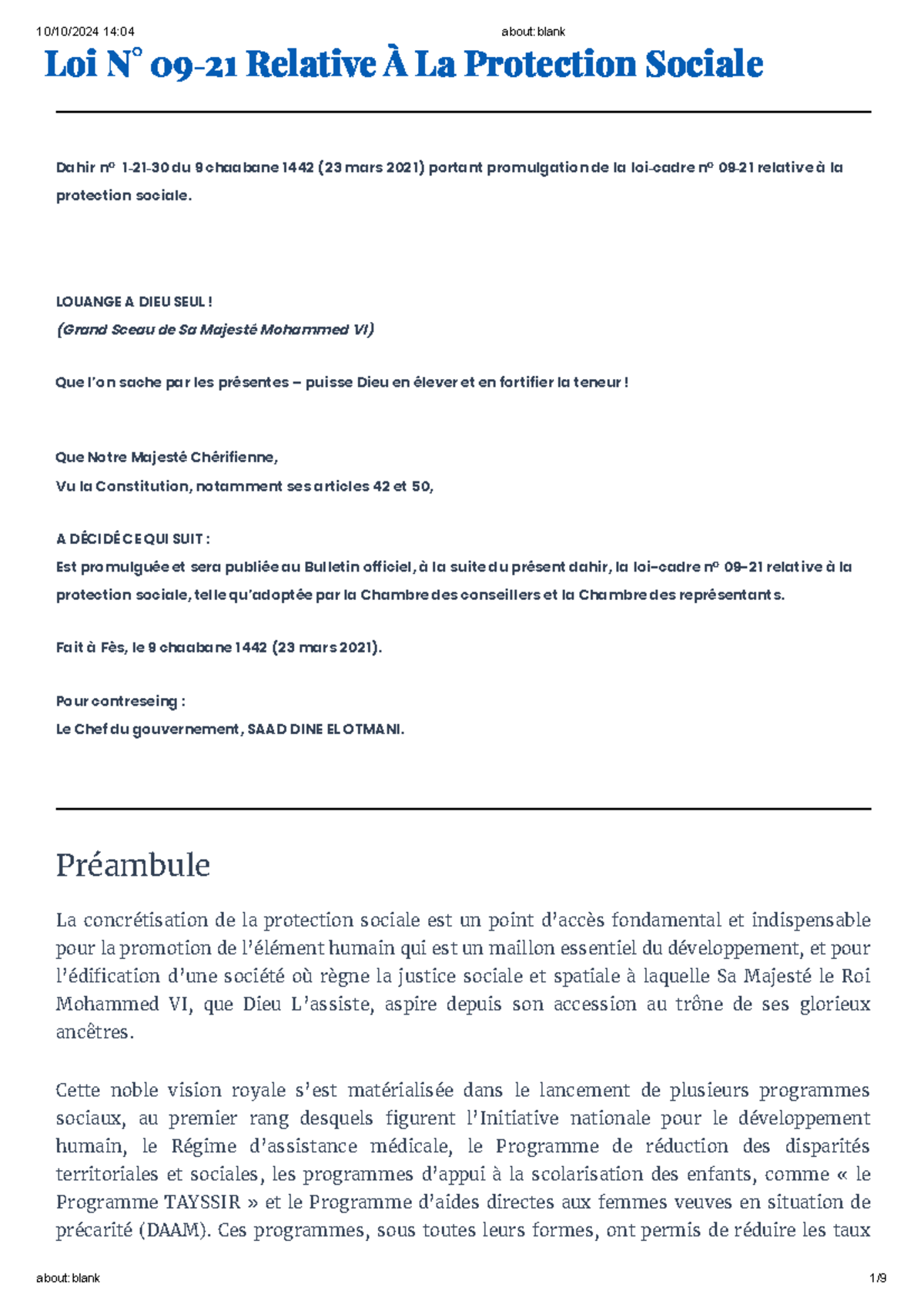 Loi 09:21 - Promulgation de la Protection Sociale au Maroc - Studocu