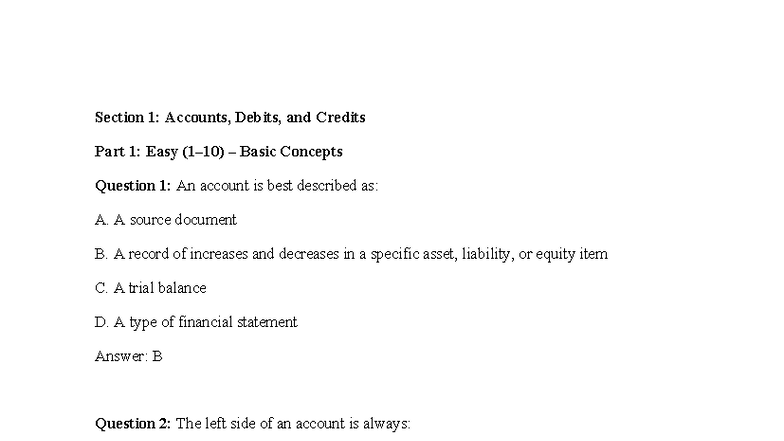 Chapter 1-4: Accounts, Debits, and Credits Test Bank - Studocu