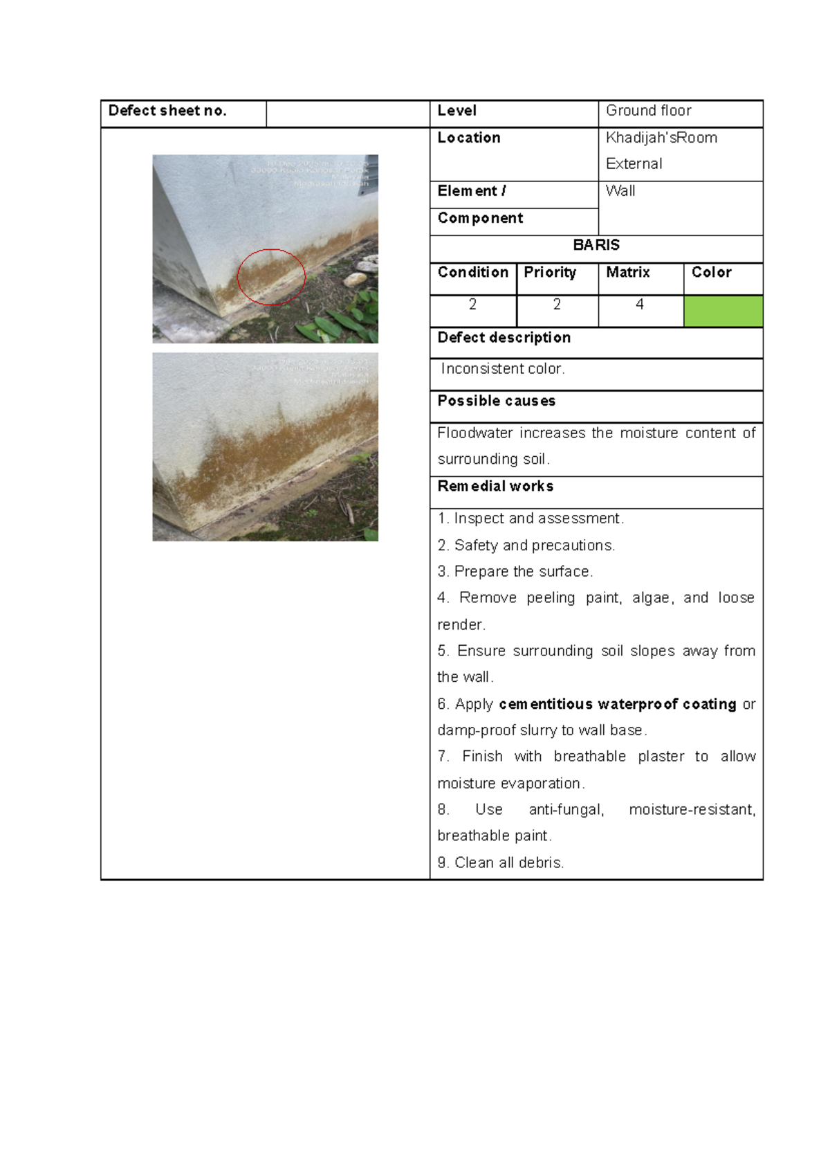 Defect Sheet for Ground Floor Issues - BARIS Analysis - Studocu