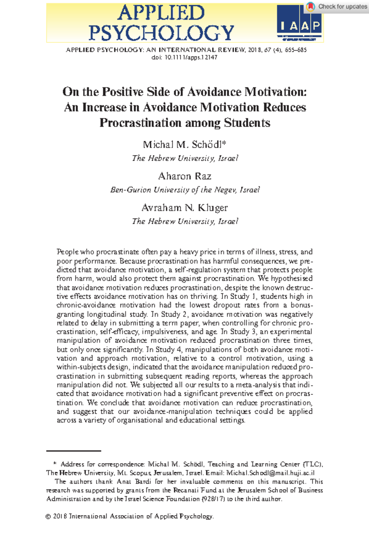 Applied Psychology - 2018 - Sch dl - On the Positive Side of Avoidance ...