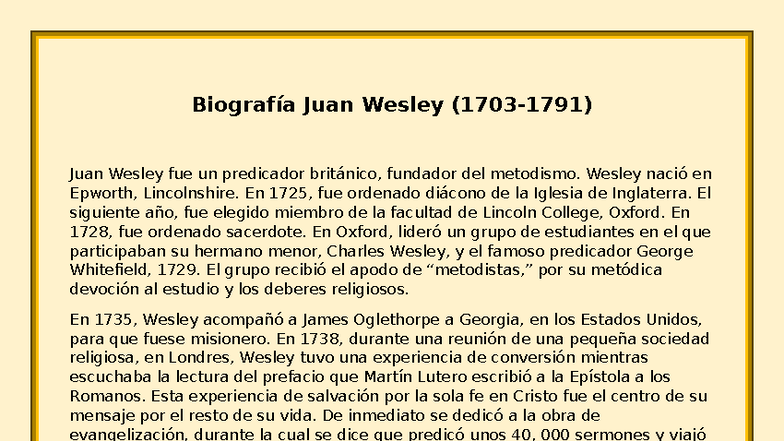 Biografía de Juan Wesley: Fundador del Metodismo - Studocu