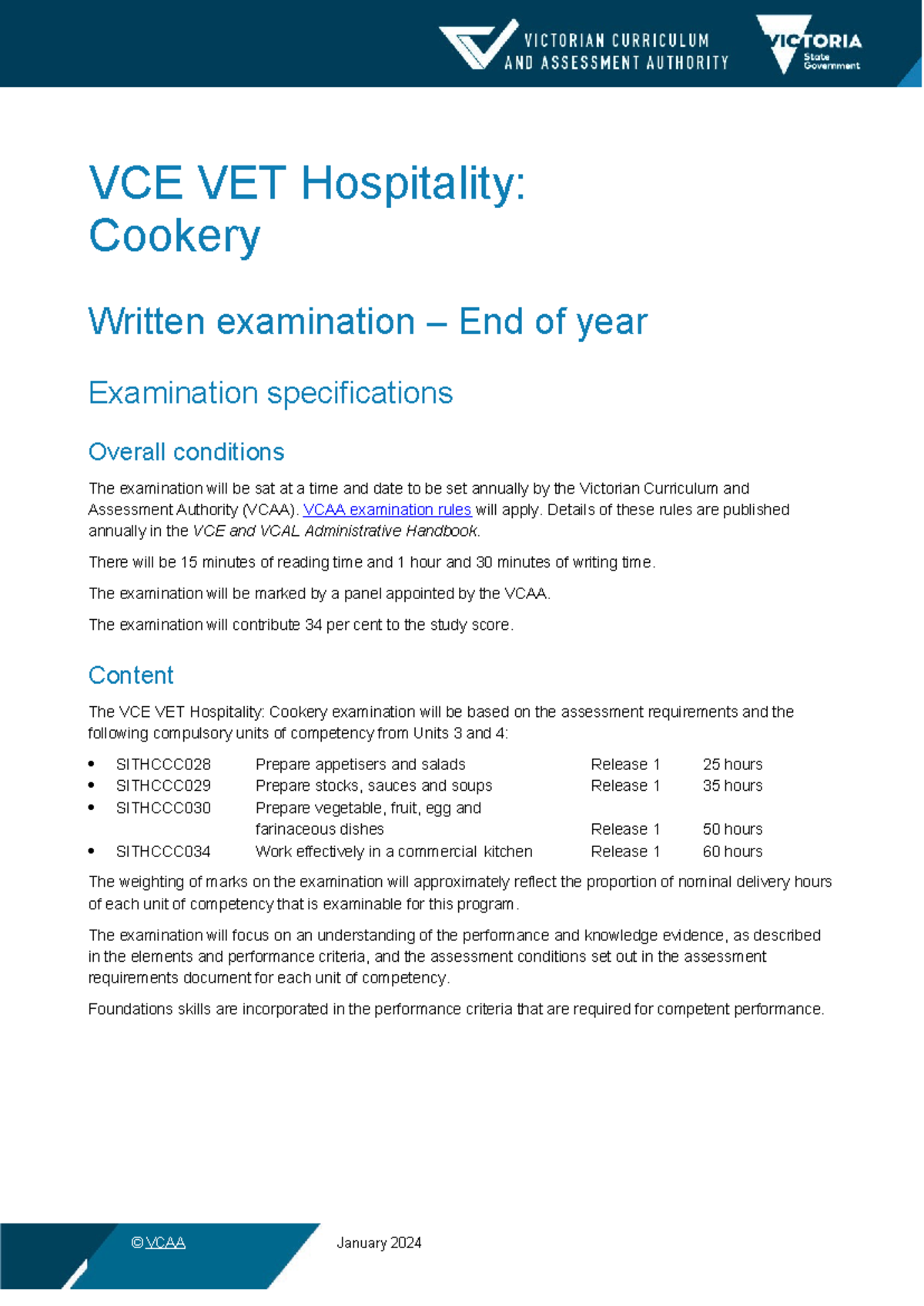 VCE VET Hospitality: Cookery Examination Specifications Guide - Studocu